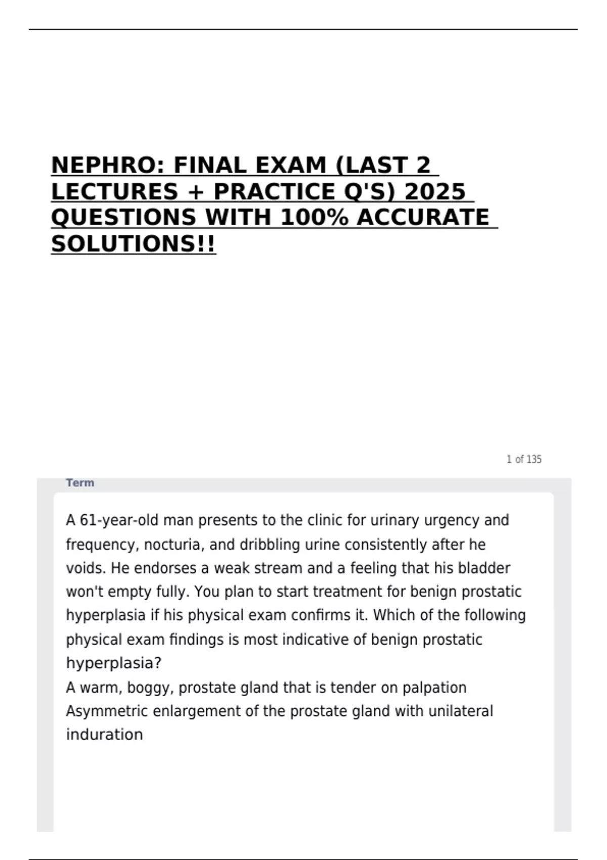 NEPHRO: FINAL EXAM (LAST 2 LECTURES + PRACTICE Q'S) 2025 QUESTIONS WITH 100% ACCURATE SOLUTIONS ...