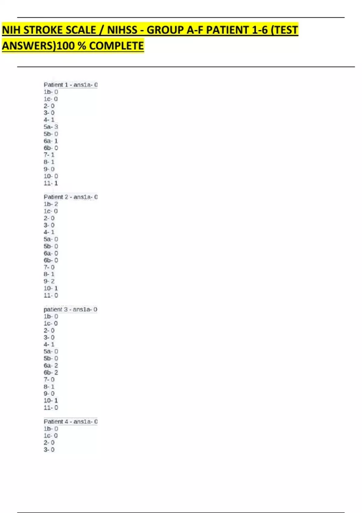 NIH STROKE SCALE NIHSS GROUP A-F PATIENT 1-6 (TEST ANSWERS) COMPLETE ...