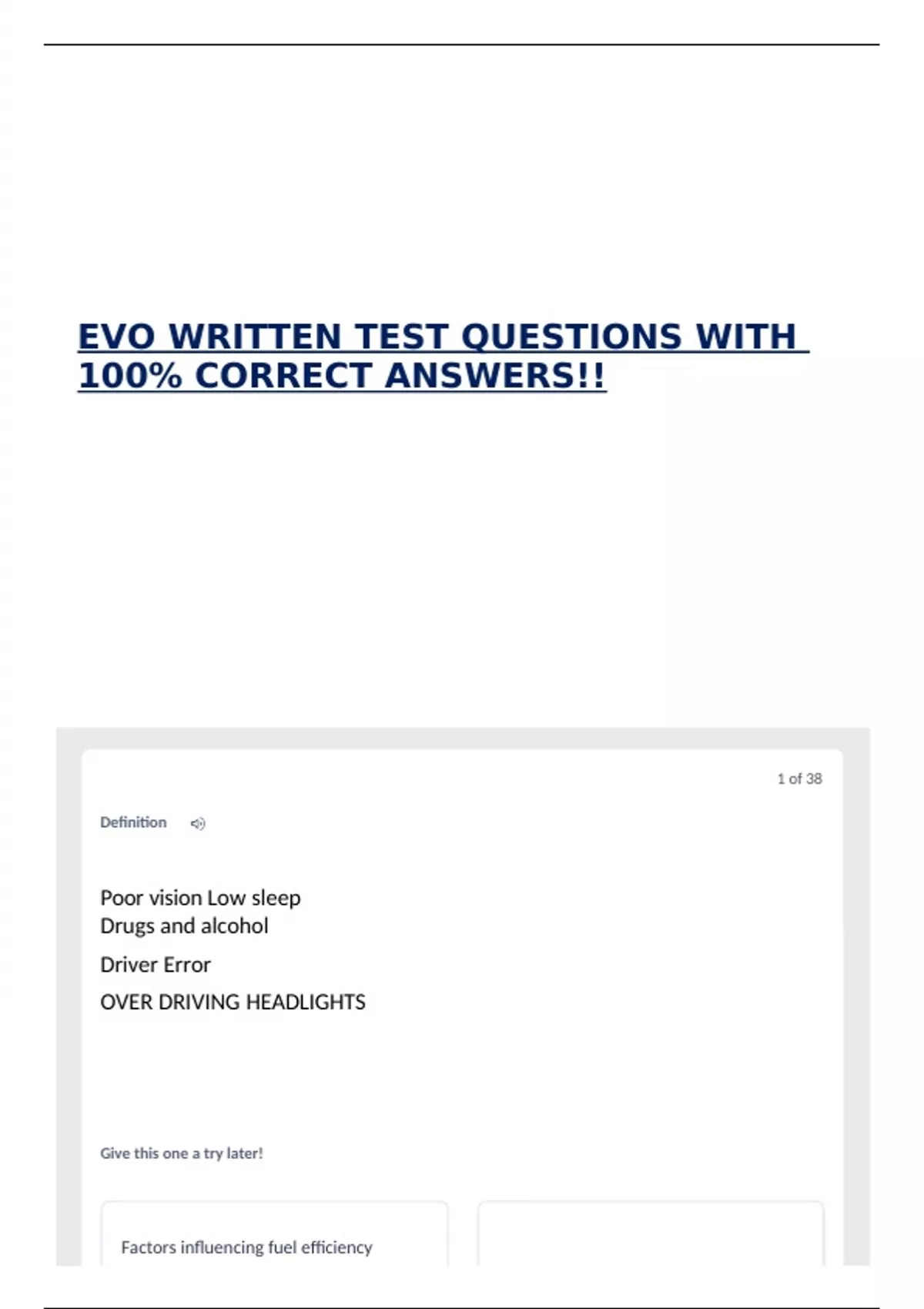 EVO WRITTEN TEST QUESTIONS WITH 100% CORRECT ANSWERS!! - EVO - Stuvia UK