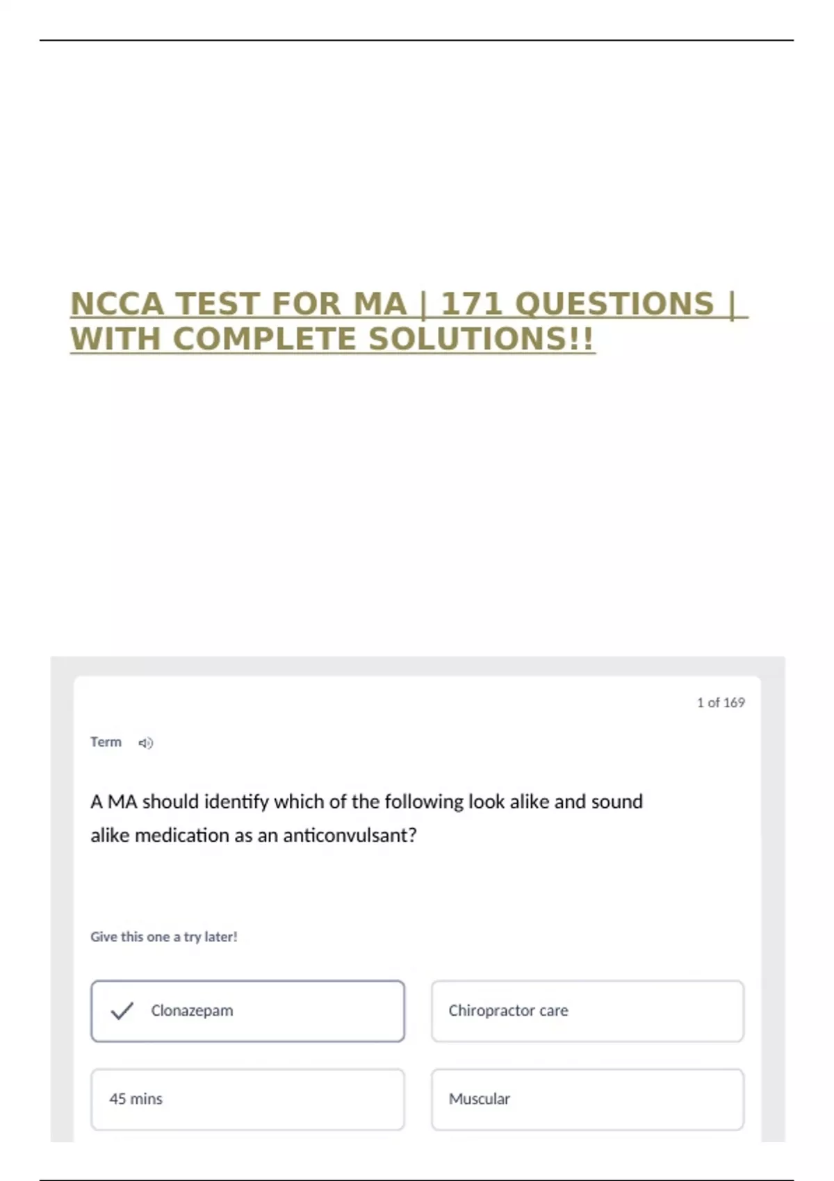 NCCA TEST FOR MA | 171 QUESTIONS | WITH COMPLETE SOLUTIONS!! - NCCA ...