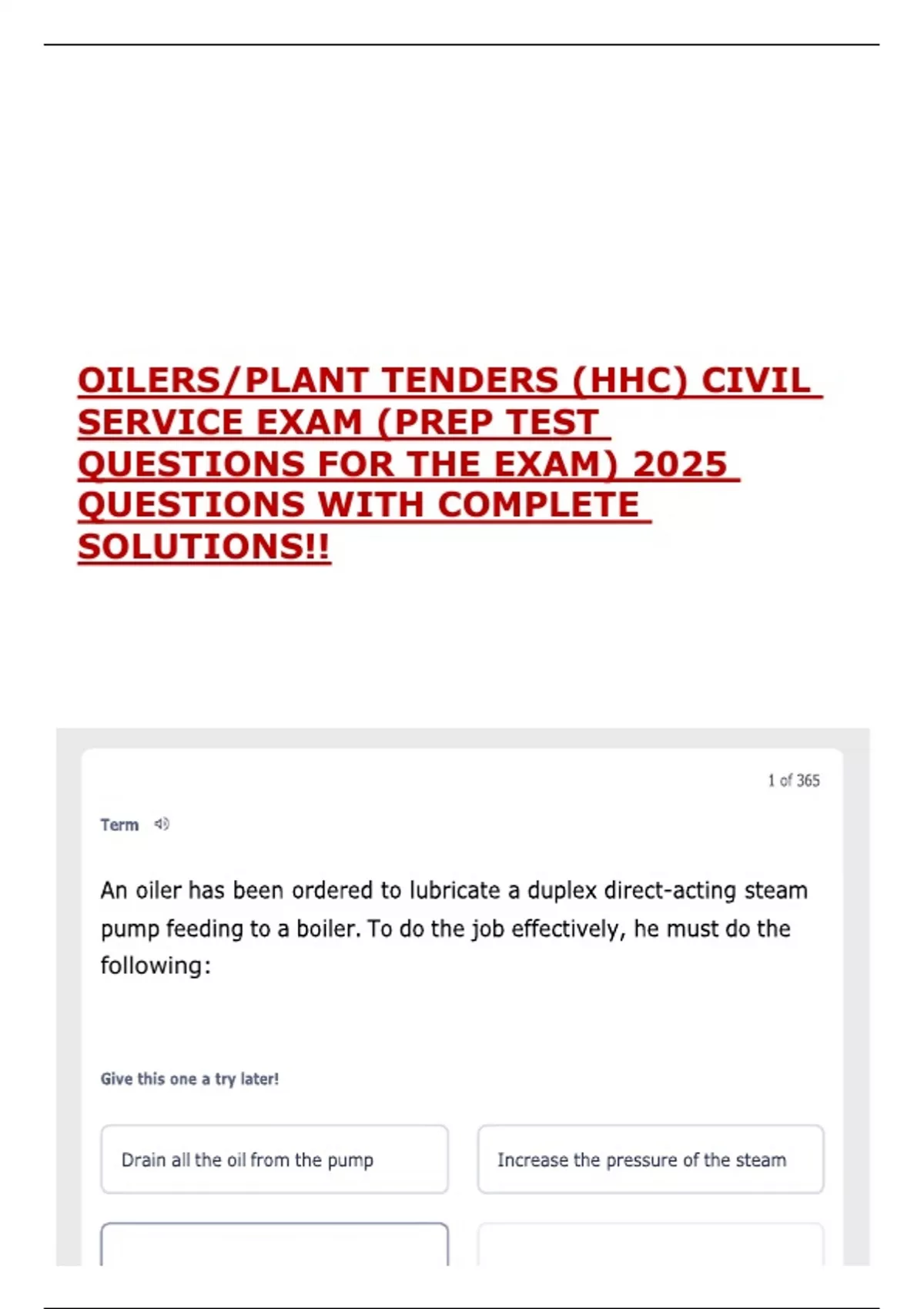 OILERS/PLANT TENDERS (HHC) CIVIL SERVICE EXAM (PREP TEST QUESTIONS FOR ...