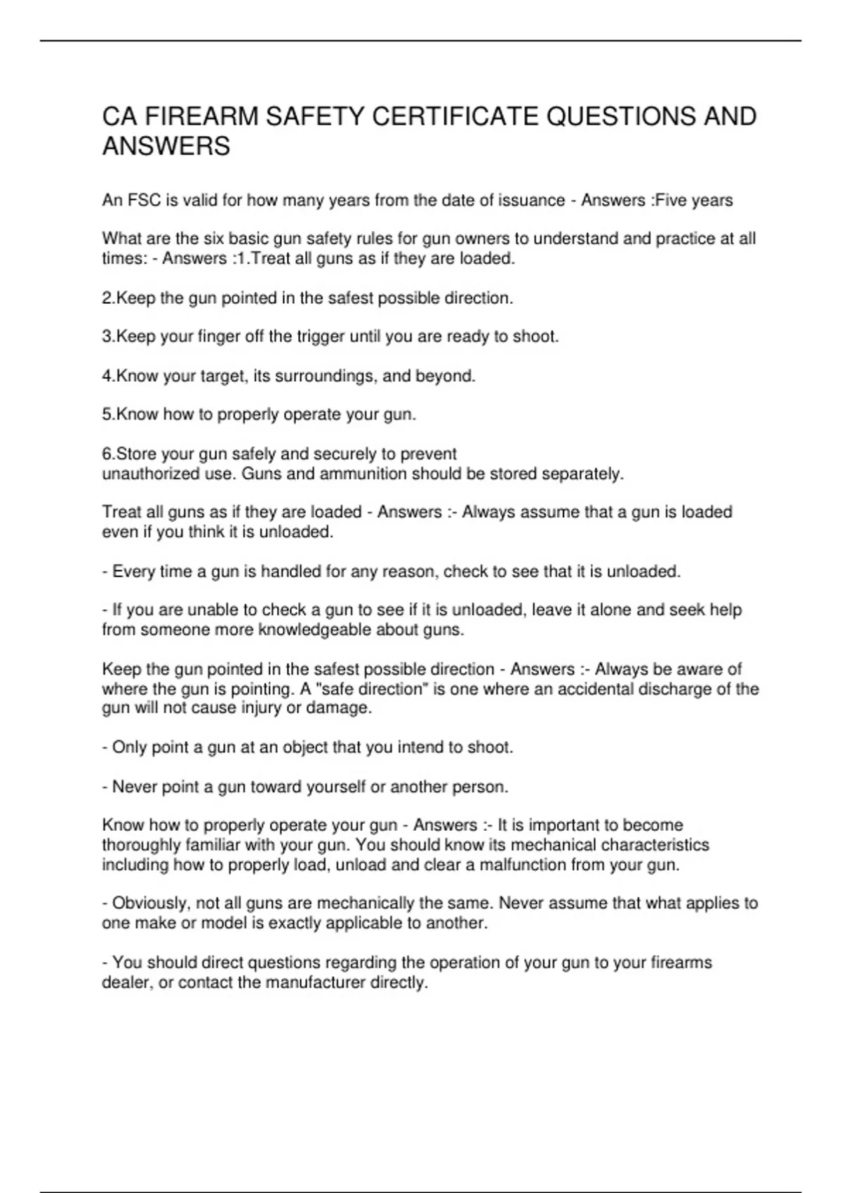 CA FIREARM SAFETY CERTIFICATE QUESTIONS AND ANSWERS - CA FIREARM SAFETY ...