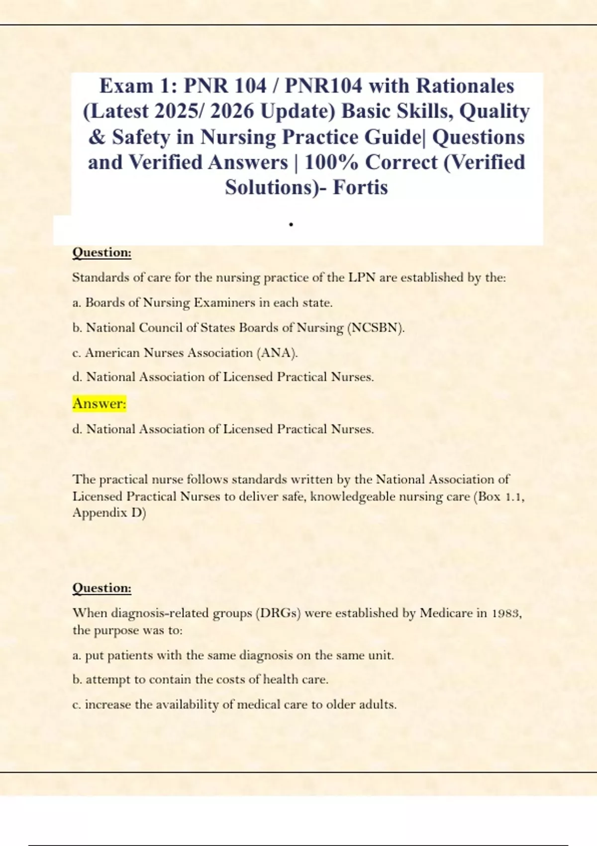 Exam 1: PNR 104 / PNR104 with Rationales (Latest 2025/ 2026 Update ...
