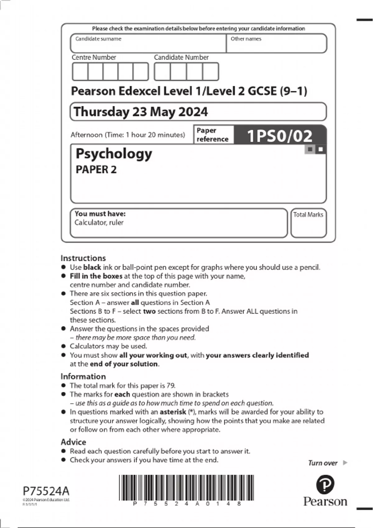 2024 GCSE Pearson Edexcel Level 1/Level 2 GCSE (9–1) Psychology PAPER 2 ...