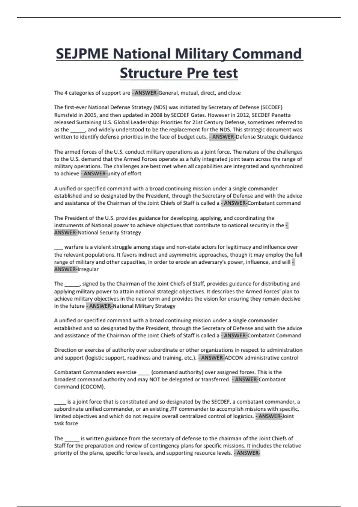 SEJPME National Military Command Structure Pre tes - Sejpme - Stuvia US