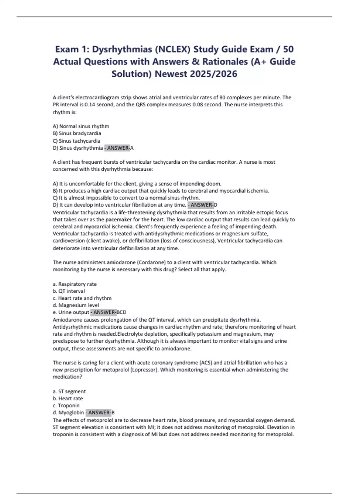 Exam 1: Dysrhythmias (NCLEX) Study Guide Exam / 50 Actual Questions ...