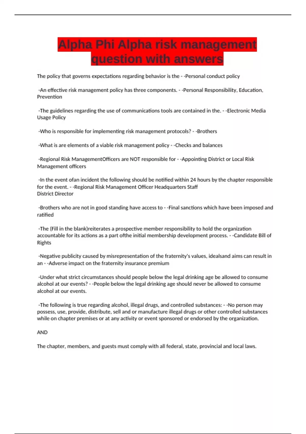 Alpha Phi Alpha risk management question with answers - Alpha Phi Alpha Risk Management - Stuvia US