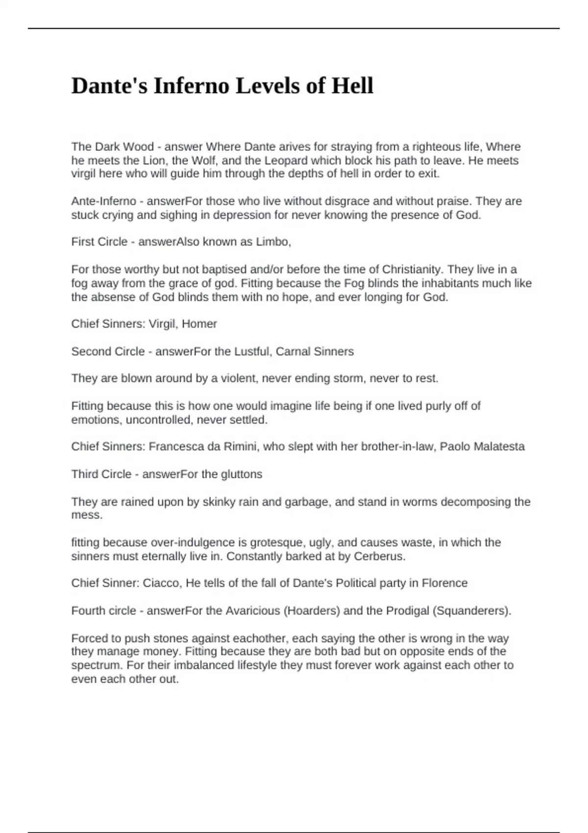 Dante-s Inferno Levels of Hell Questions and Answers Correct - Dante ...