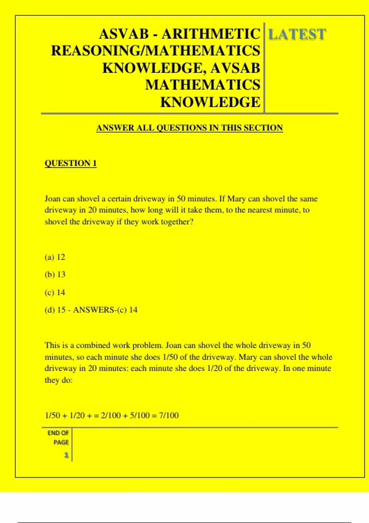 ASVAB - ARITHMETIC REASONING/MATHEMATICS KNOWLEDGE, AVSAB MATHEMATICS ...