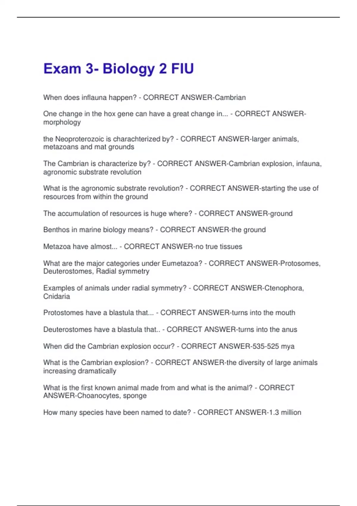 Exam 3- Biology 2 FIU Questions with Correct Answers 2025 with complete ...