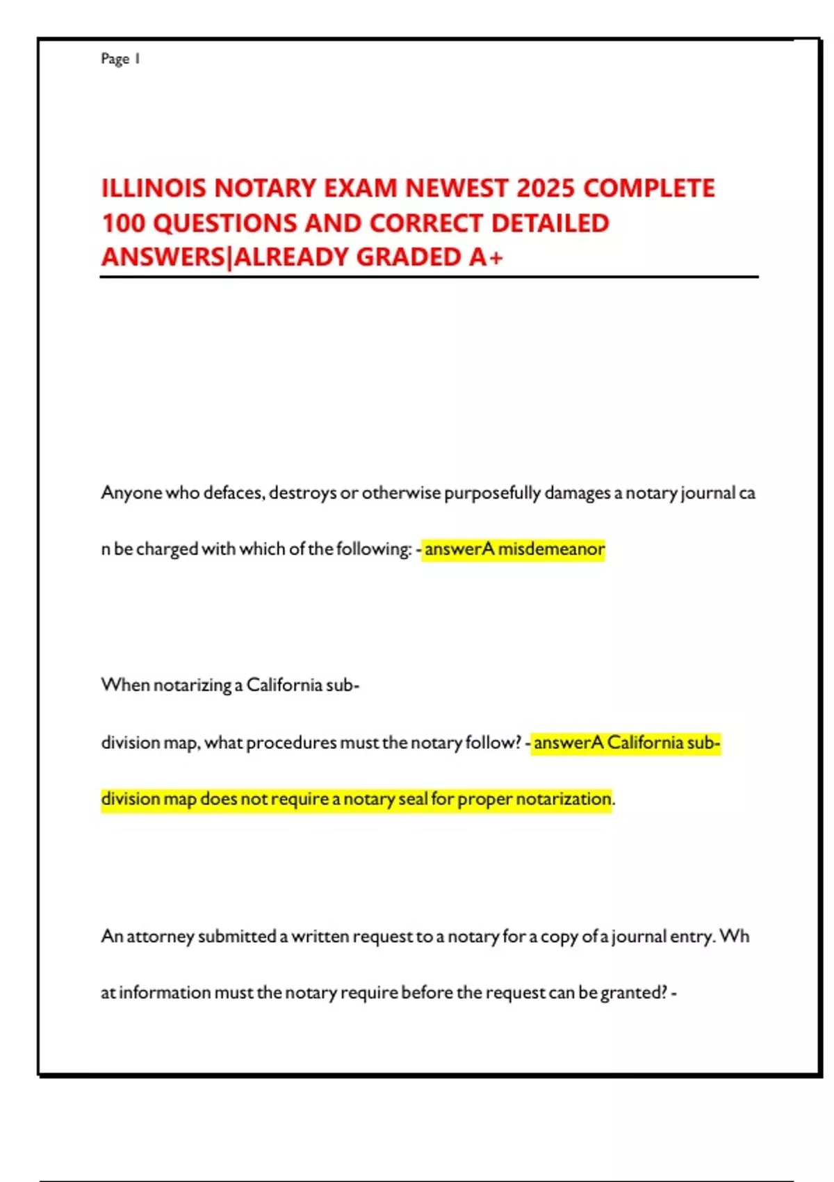 ILLINOIS NOTARY EXAM NEWEST 2025 COMPLETE 150 QUESTIONS AND CORRECT ...