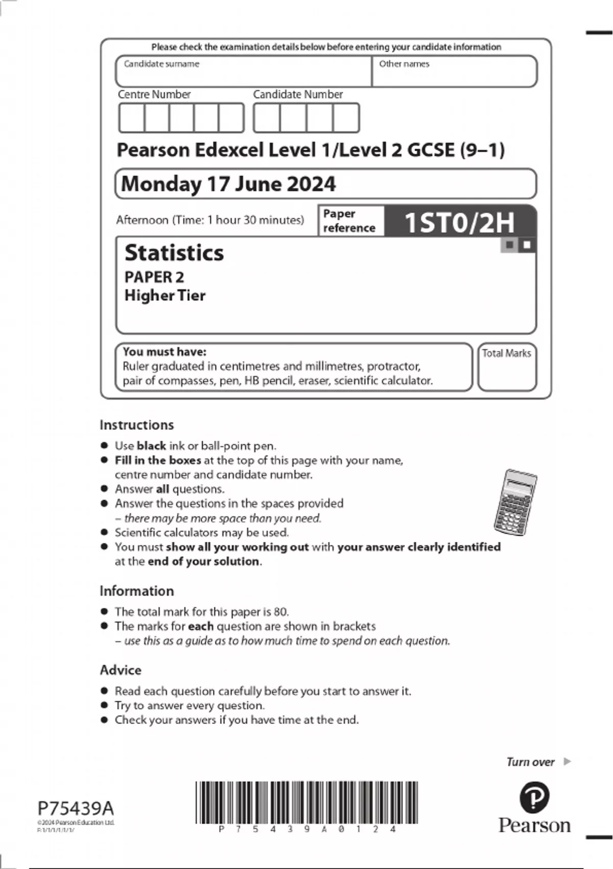 2024 GCSE Pearson Edexcel Level 1/Level 2 GCSE (9–1) Statistics PAPER 2 ...