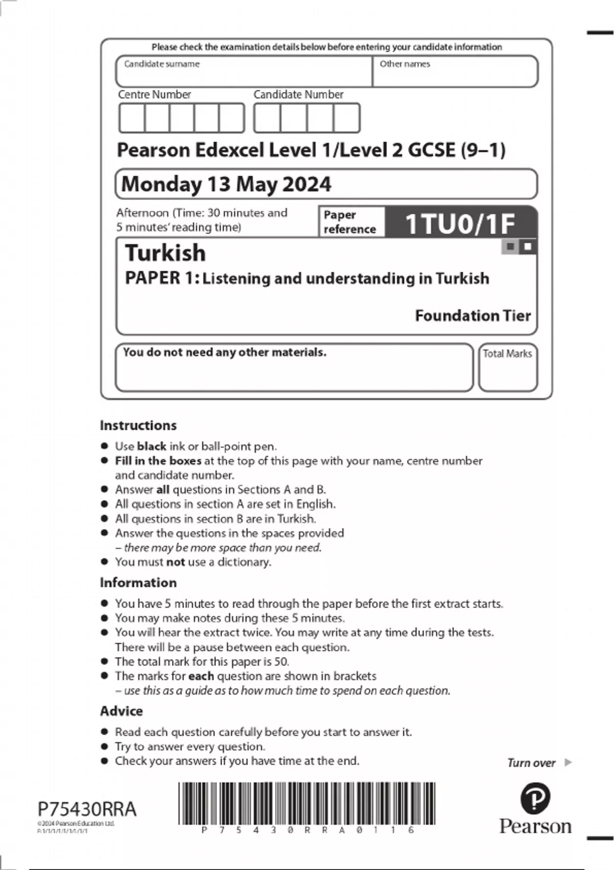 2024 GCSE Pearson Edexcel Level 1/Level 2 GCSE (9–1) Turkish PAPER 1 ...