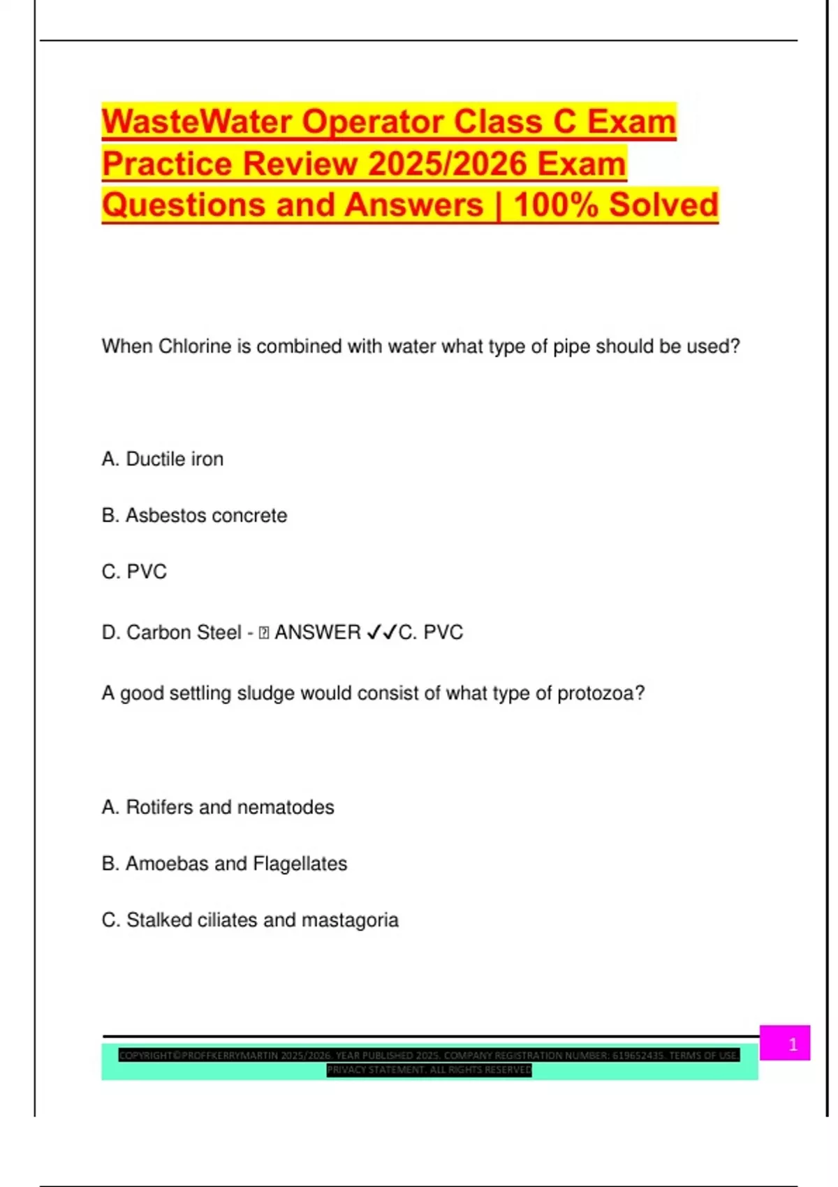 WasteWater Operator Class C Exam Practice Review 2025/2026 Exam ...