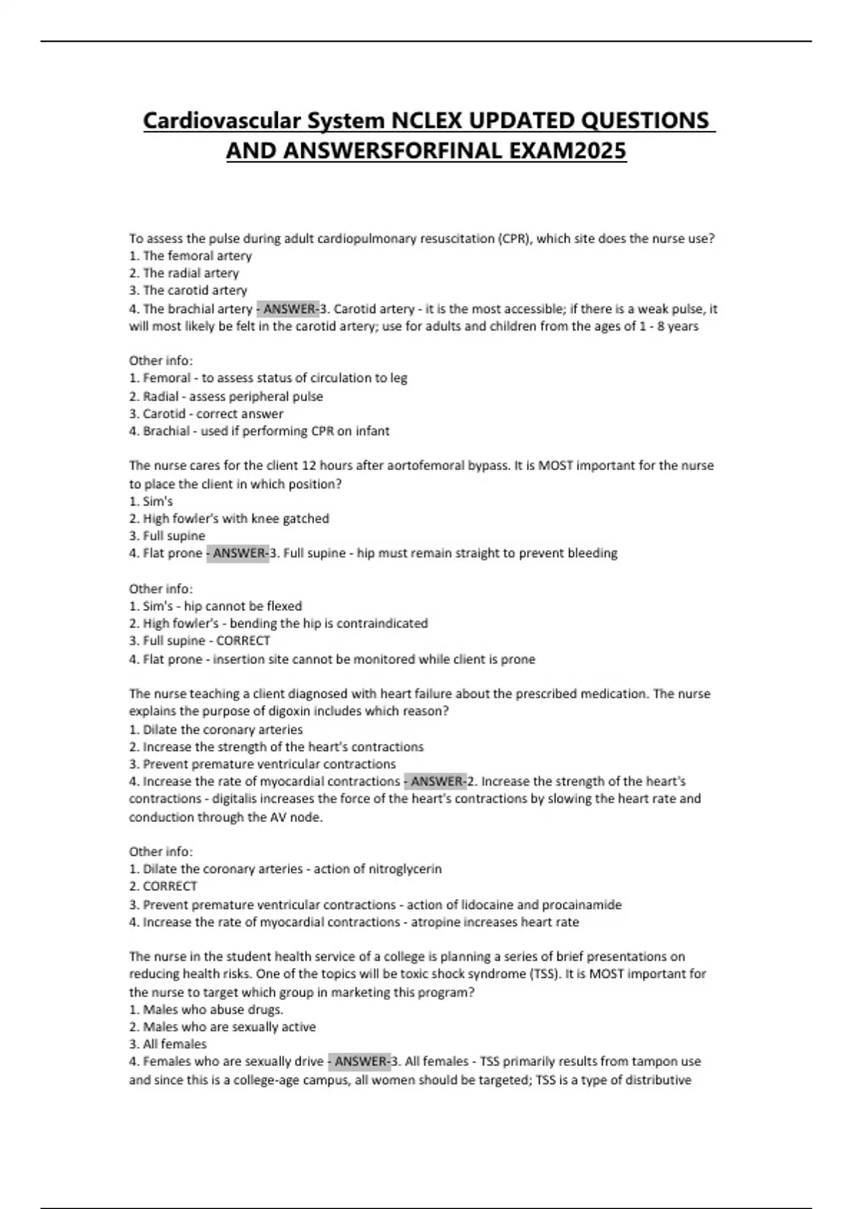 Cardiovascular System NCLEX UPDATED QUESTIONS ANDANSWERSFORFINAL ...