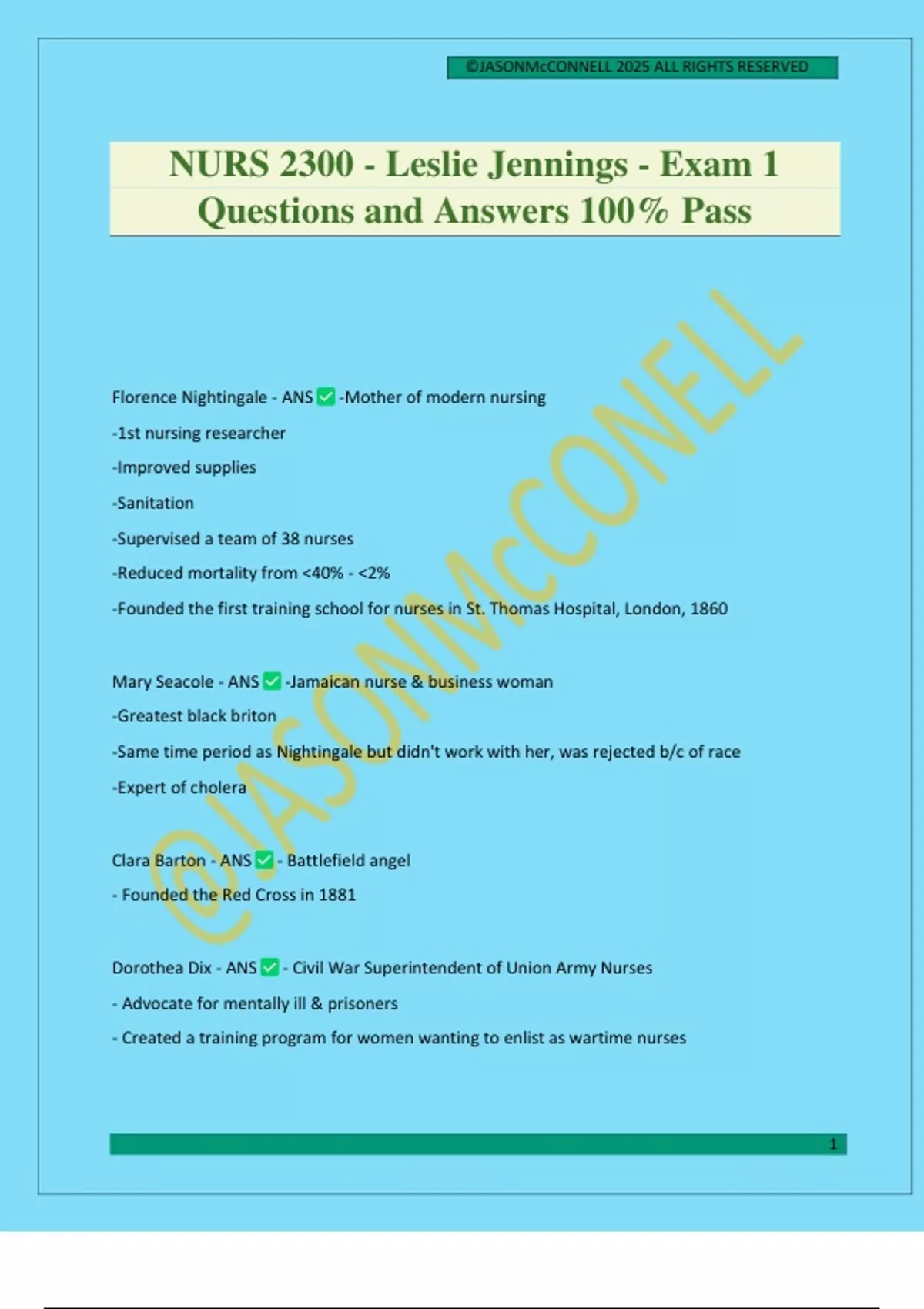 NURS 2300 - Leslie Jennings - Exam 1 Questions and Answers 100% Pass ...