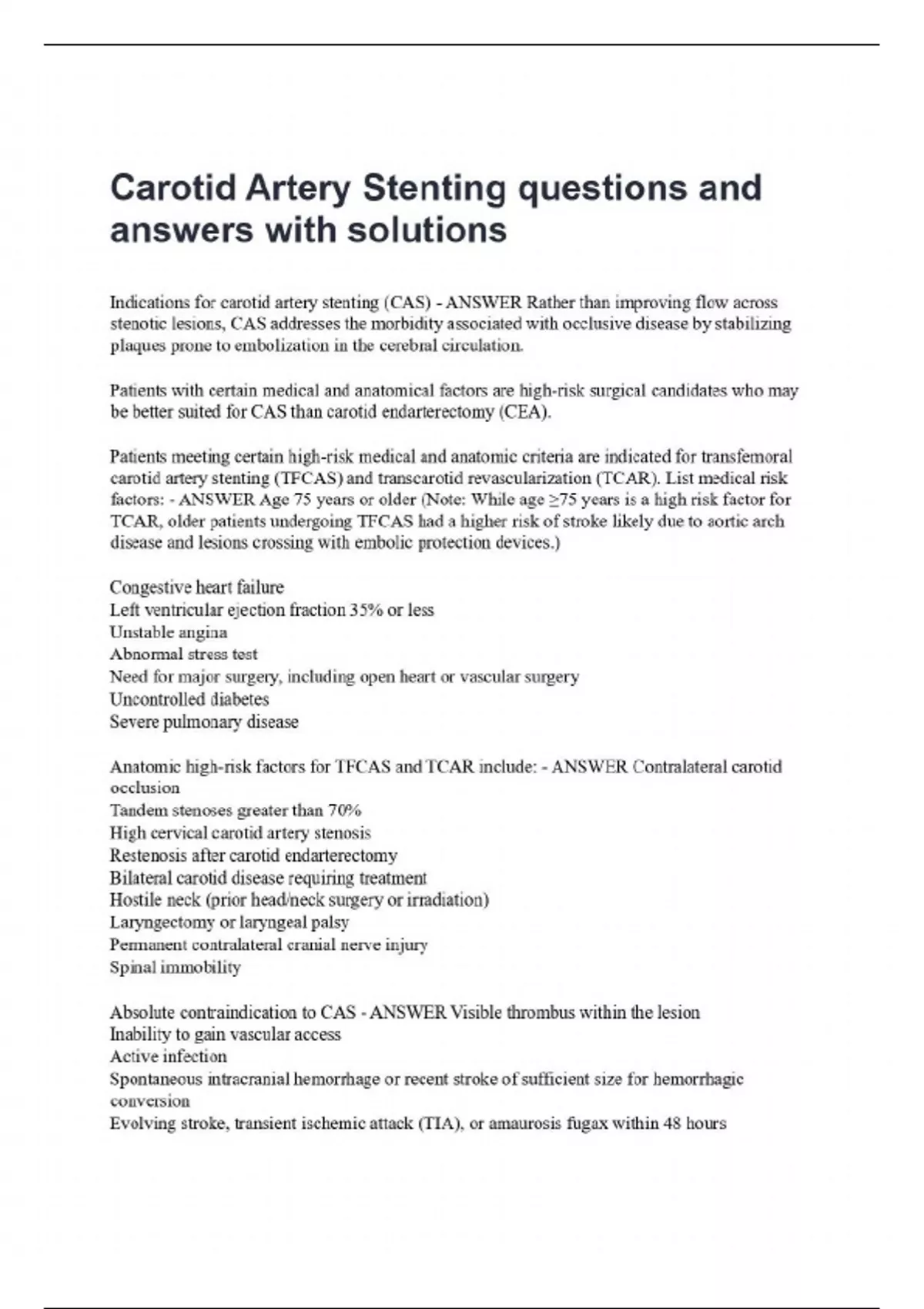 Carotid Artery Stenting questions and answers with solutions - TCAR ...