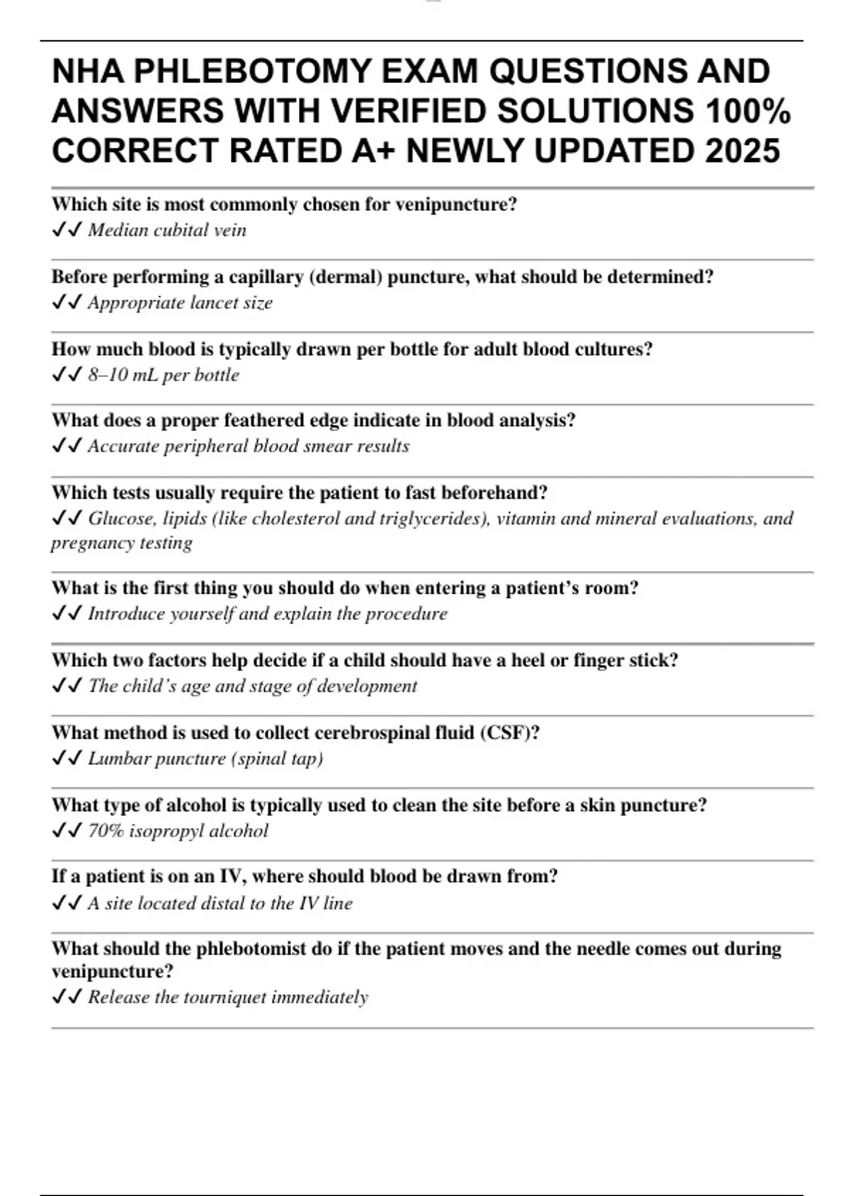 NHA PHLEBOTOMY EXAM QUESTIONS AND ANSWERS WITH VERIFIED SOLUTIONS 100% ...