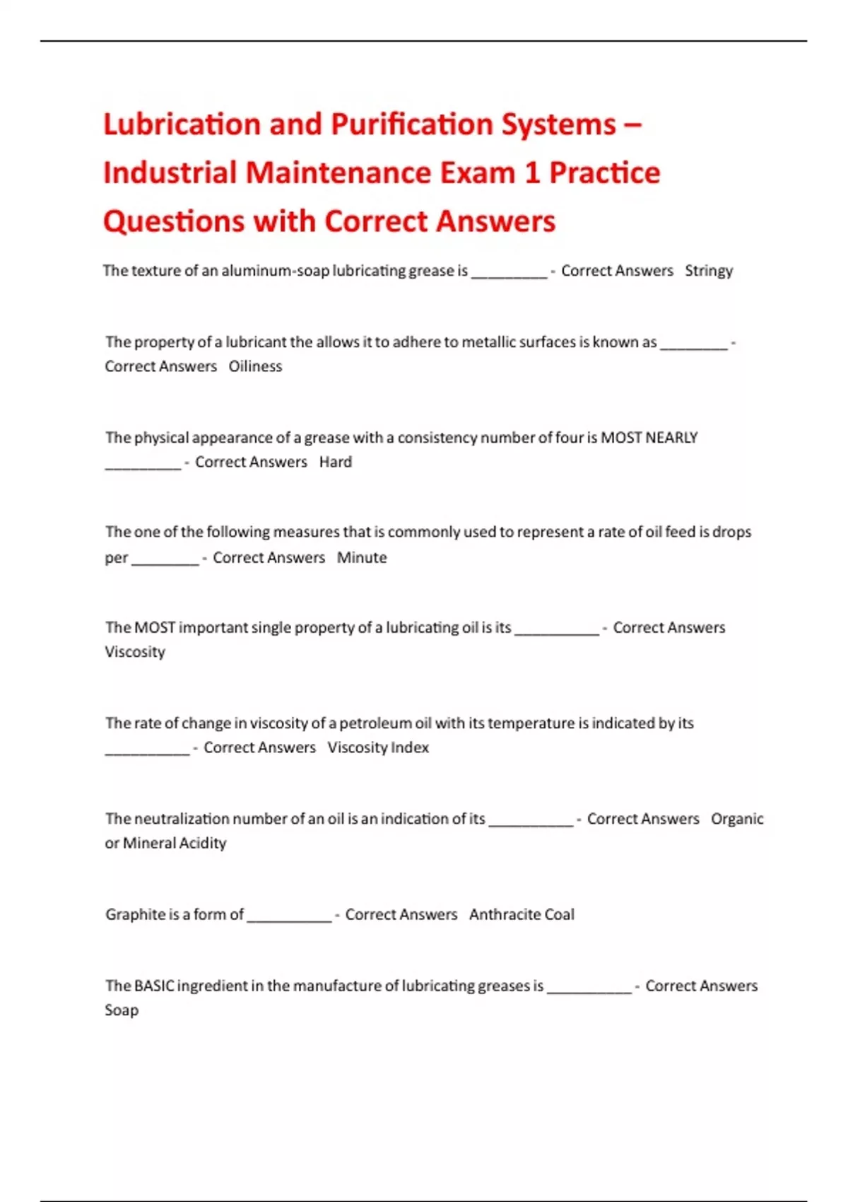 Lubrication and Purification Systems – Industrial Maintenance Exam 1 ...