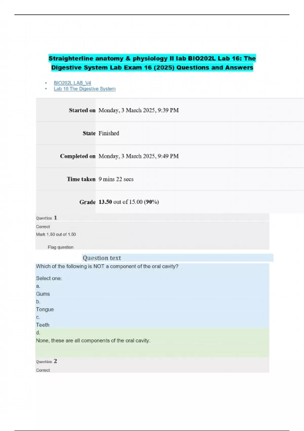 Straighterline anatomy & physiology II lab BIO202L Lab 16: The Digestive System Lab Exam 16 ...