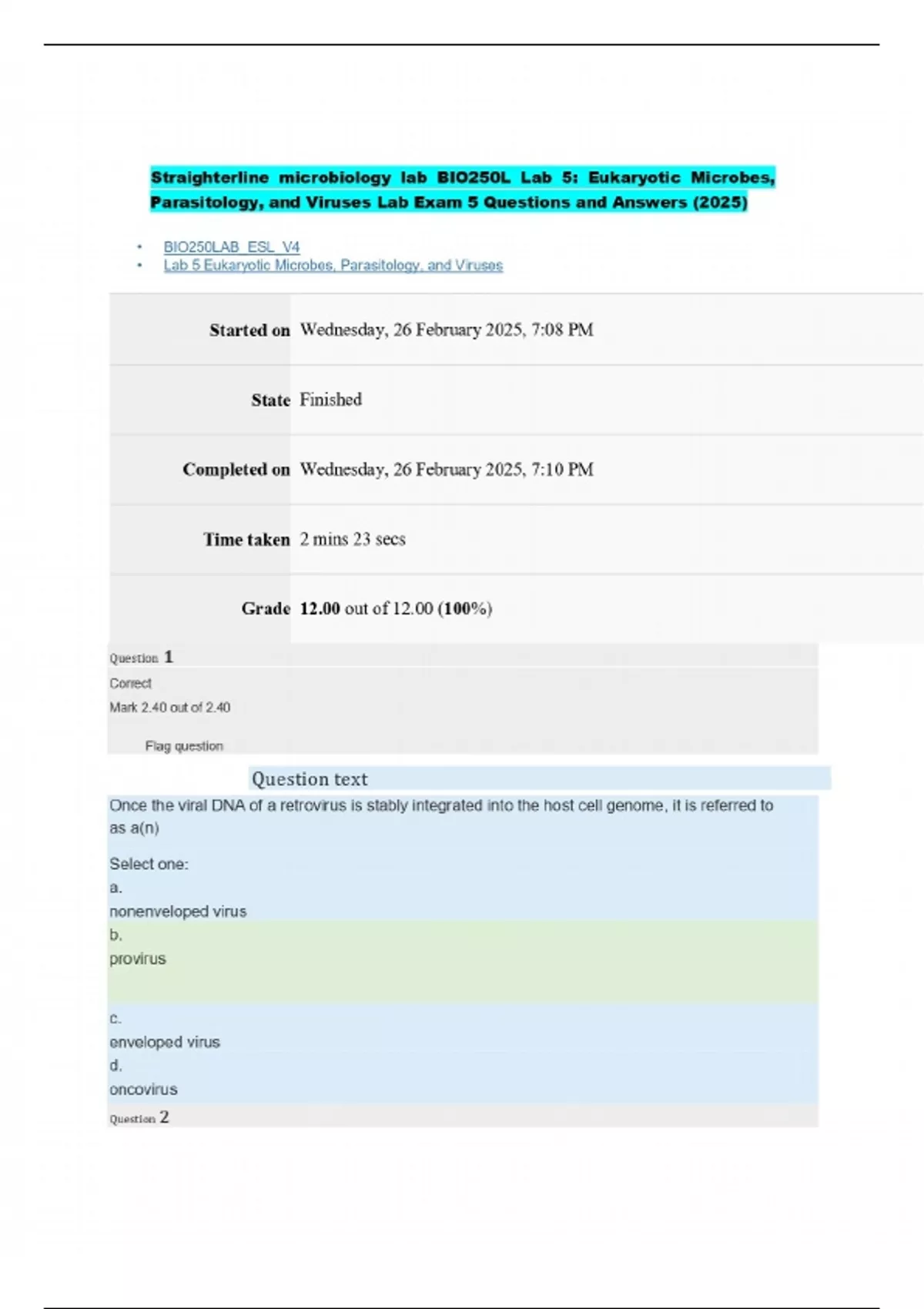 Straighterline microbiology lab BIO250L Lab 5: Eukaryotic Microbes, Parasitology, and Viruses ...