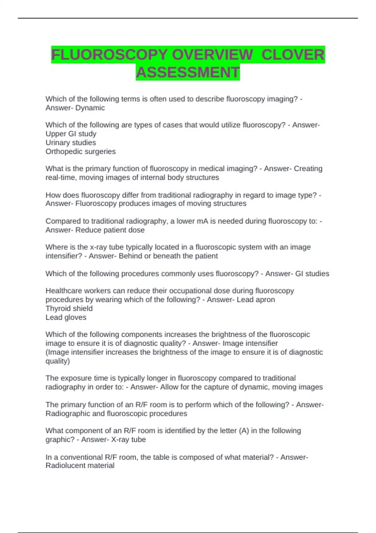 FLUOROSCOPY OVERVIEW CLOVER ASSESSMENT EXAM QUESTIONS AND ANSWERS ...
