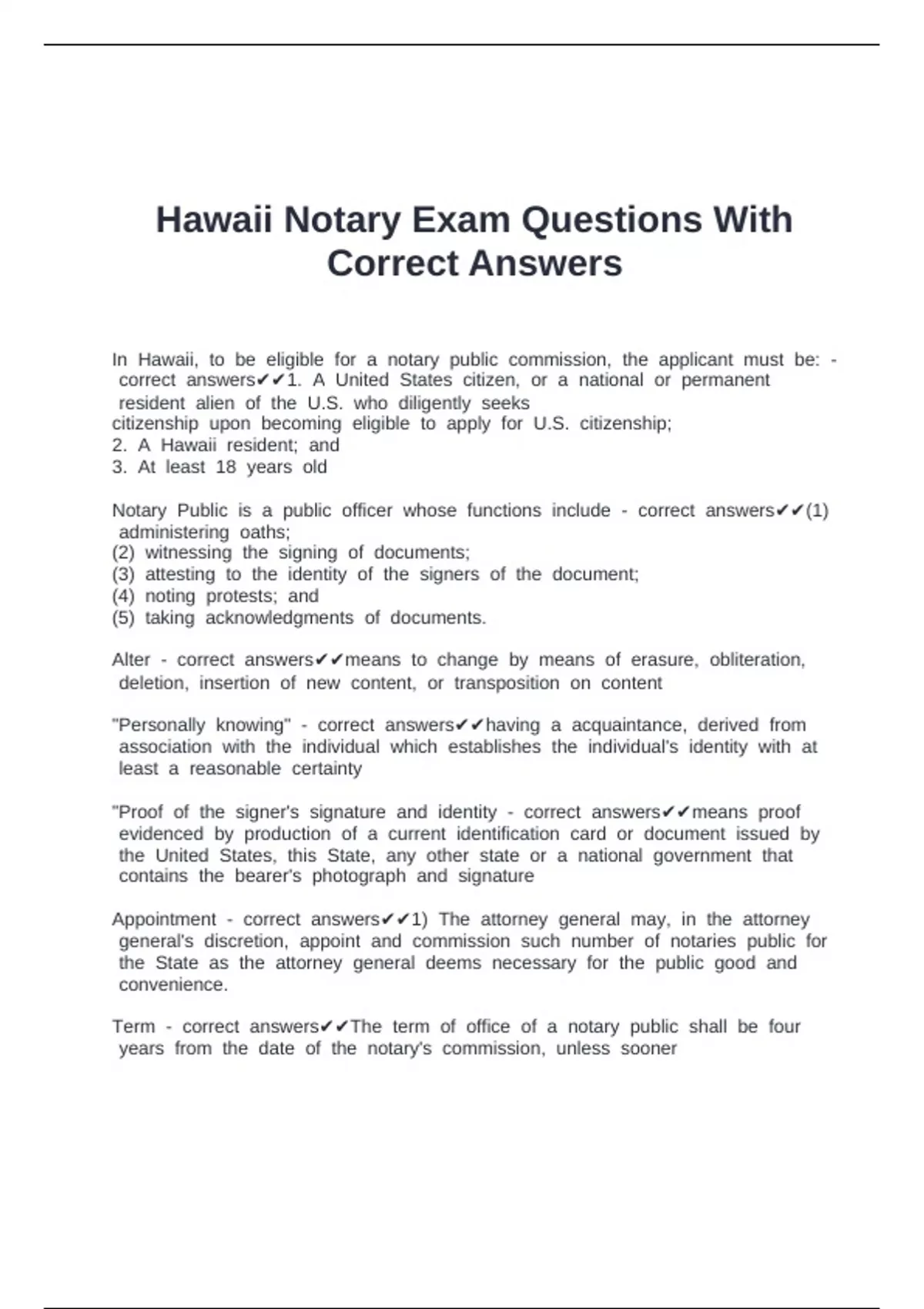 Hawaii Notary Exam Questions With Correct Answers - HAWAII NOTARY ...