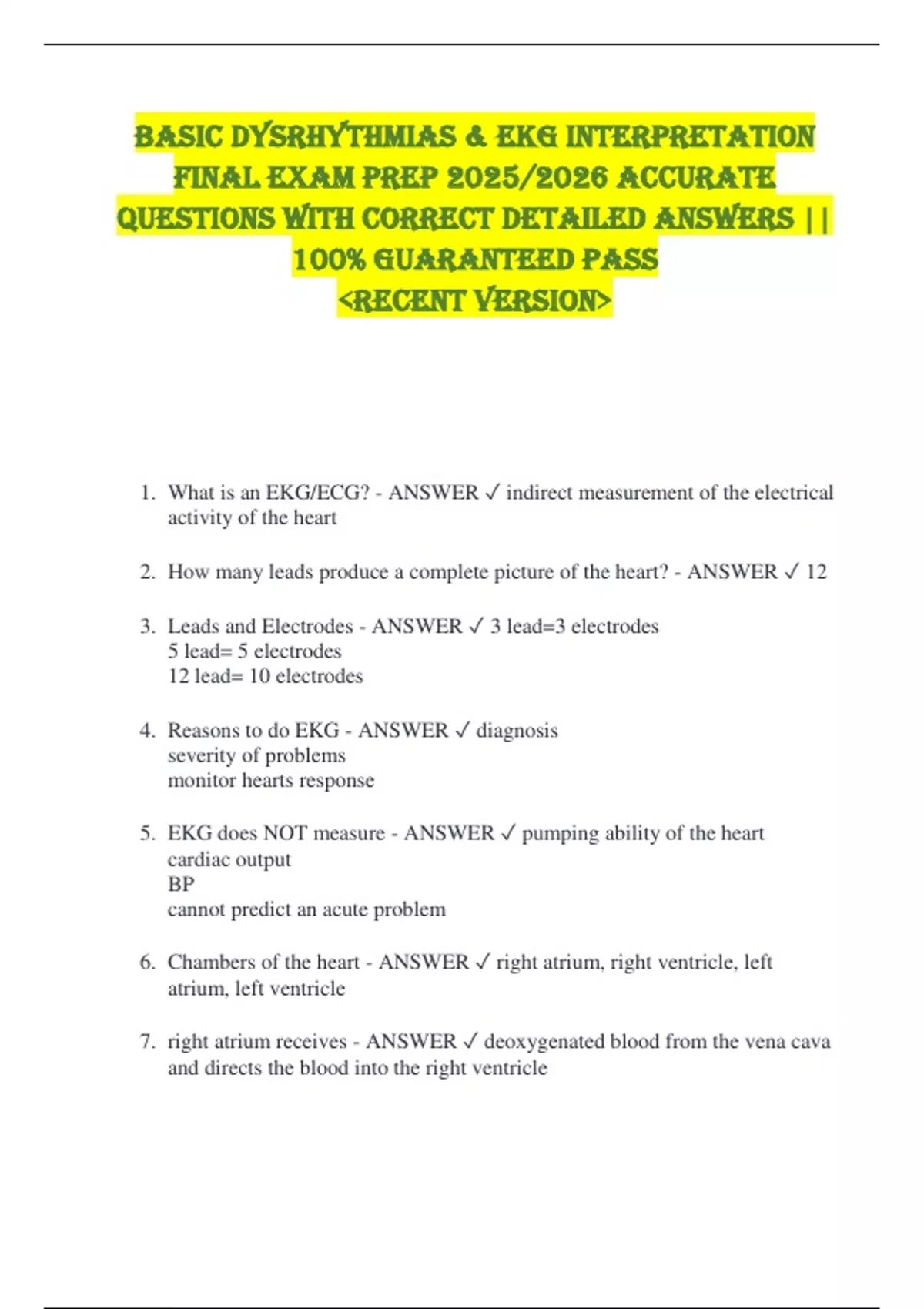 Basic Dysrhythmias & EKG Interpretation FINAL EXAM PREP 2025/2026 ACCURATE QUESTIONS WITH ...