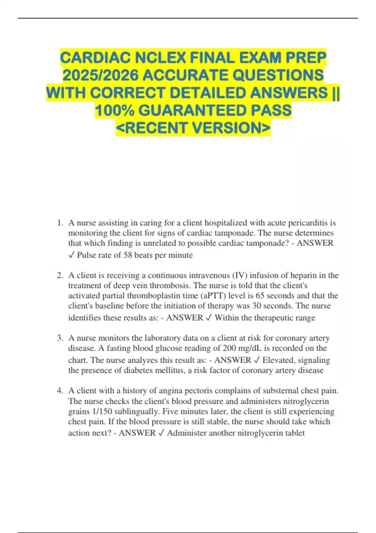 CARDIAC NCLEX FINAL EXAM PREP 2025/2026 ACCURATE QUESTIONS WITH CORRECT DETAILED ANSWERS || 100% ...