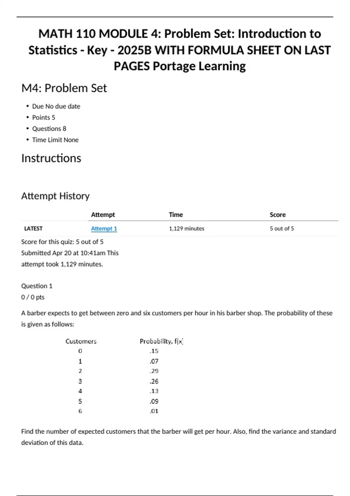 Math 110 Module 4 Problem Set Introduction To Statistics Key 2025b With Formula Sheet On