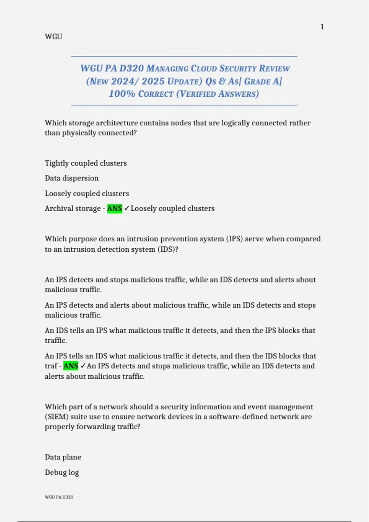 WGU PA D320 Managing Cloud Security Review (Verified 2025–2026) – 100% Correct Questions and ...