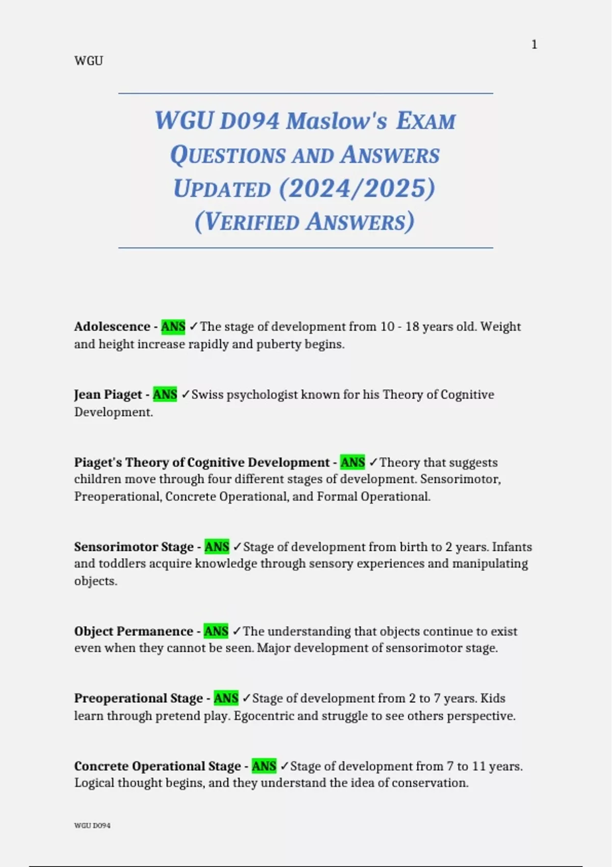 WGU D094 Maslow’s and Piaget’s Theories – Exam Questions and Answers ...