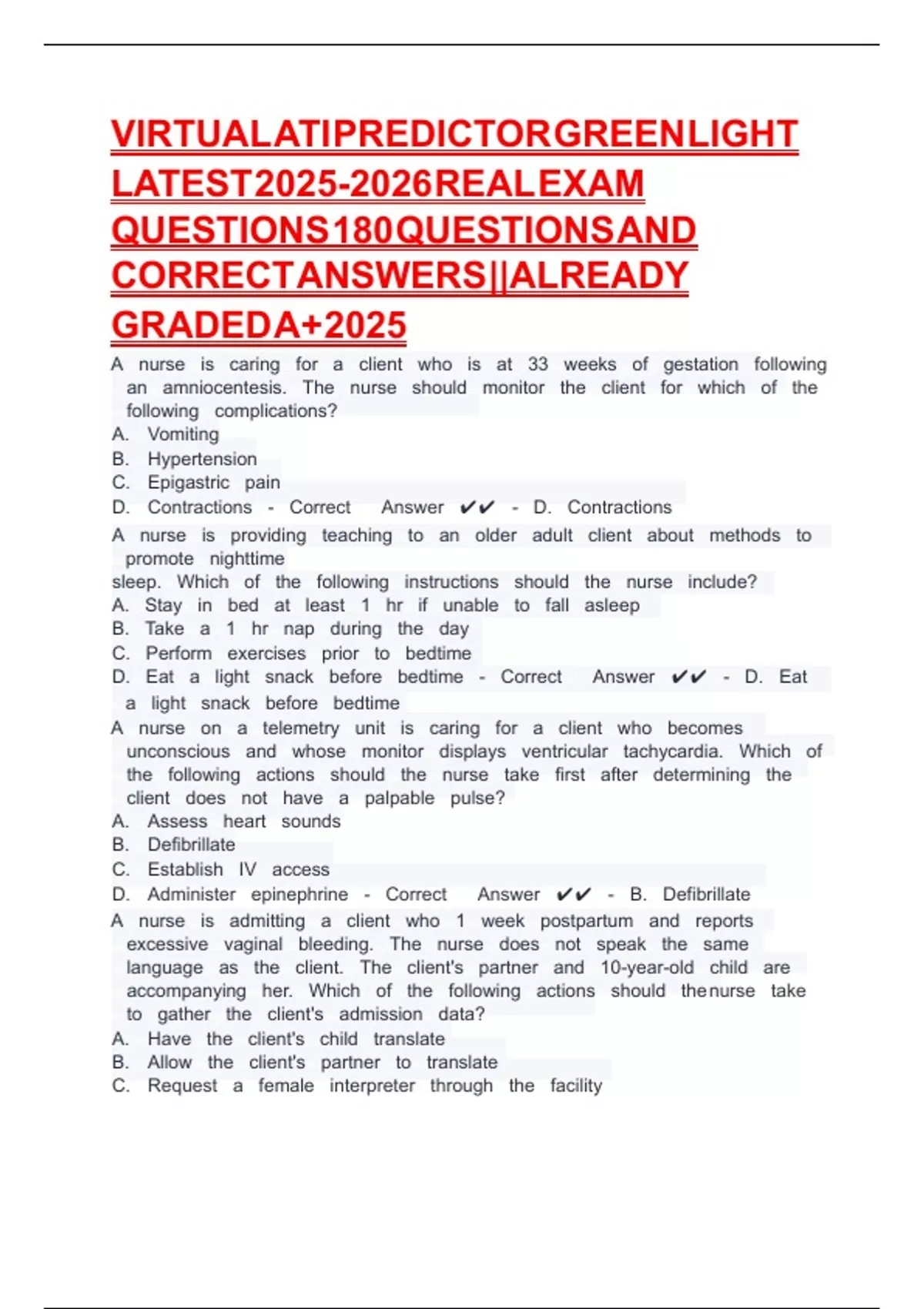 Virtual ATI Predictor Green Light | Real Exam Questions 2025–2026 ...