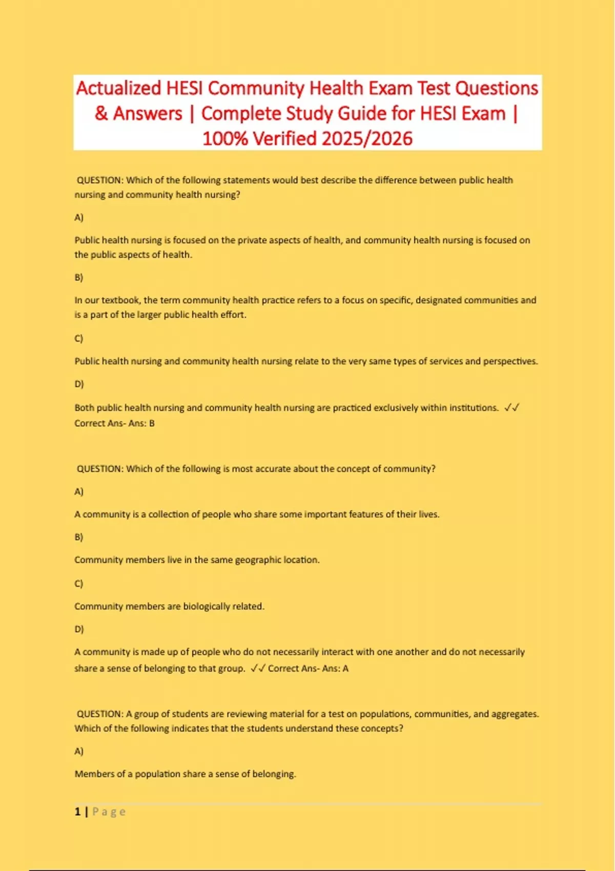 Actualized HESI Community Health Exam Test Questions & Answers ...