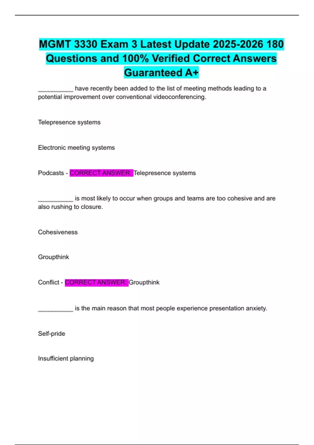 MGMT 3330 Exam 3 Latest Update Questions and 100% Verified Correct ...