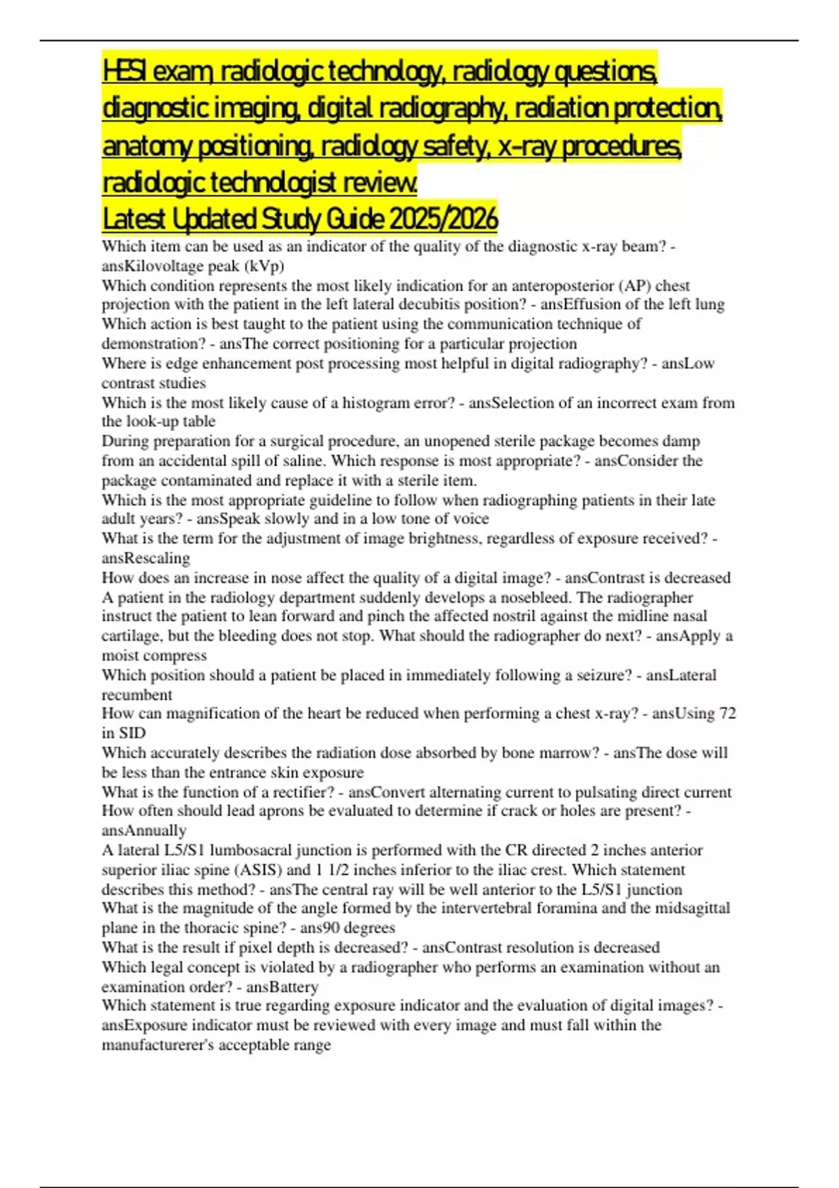 HESI exam, radiologic technology, radiology questions, diagnostic ...