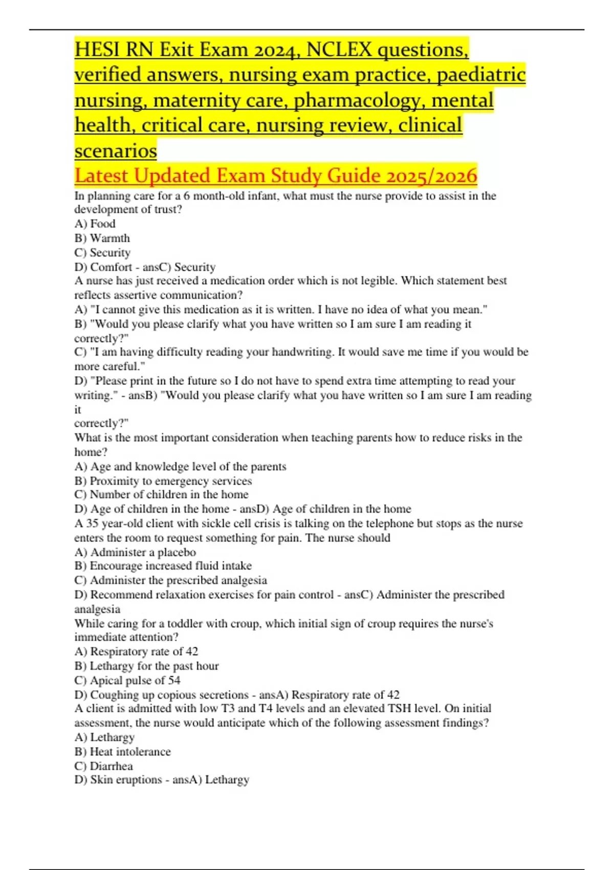 HESI RN Exit Exam 2024, NCLEX questions, verified answers, nursing exam ...