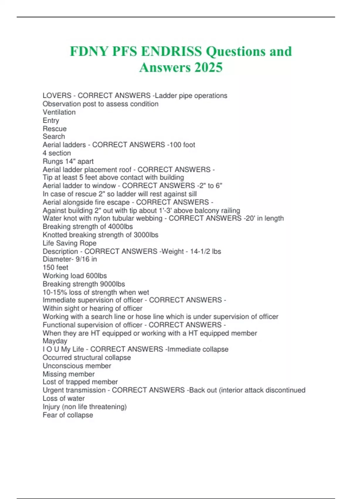 FDNY PFS ENDRISS Questions and Answers 2025 - FDNY - Stuvia US