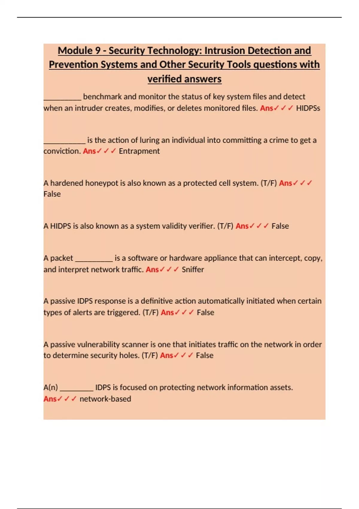 Module 9 - Security Technology: Intrusion Detection and Prevention Systems and Other Security ...