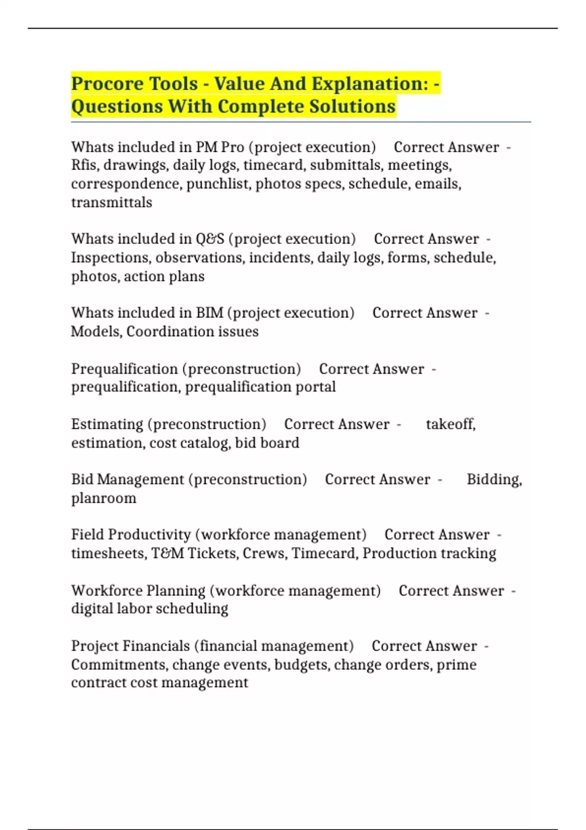 Procore Tools - Value And Explanation: - Questions With Complete Solutions - PROCORE - Stuvia US