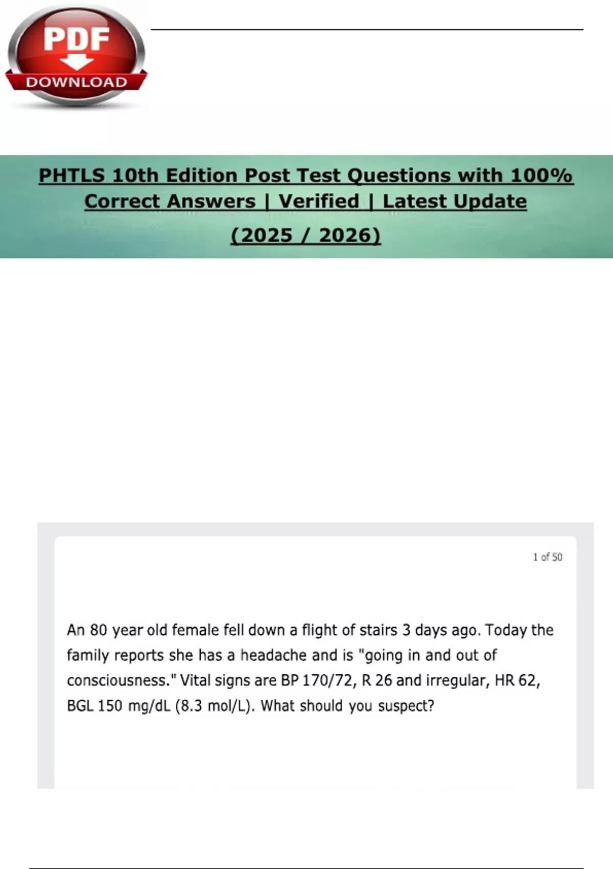 PHTLS 10th Edition Post Test Questions with 100% Correct Answers ...