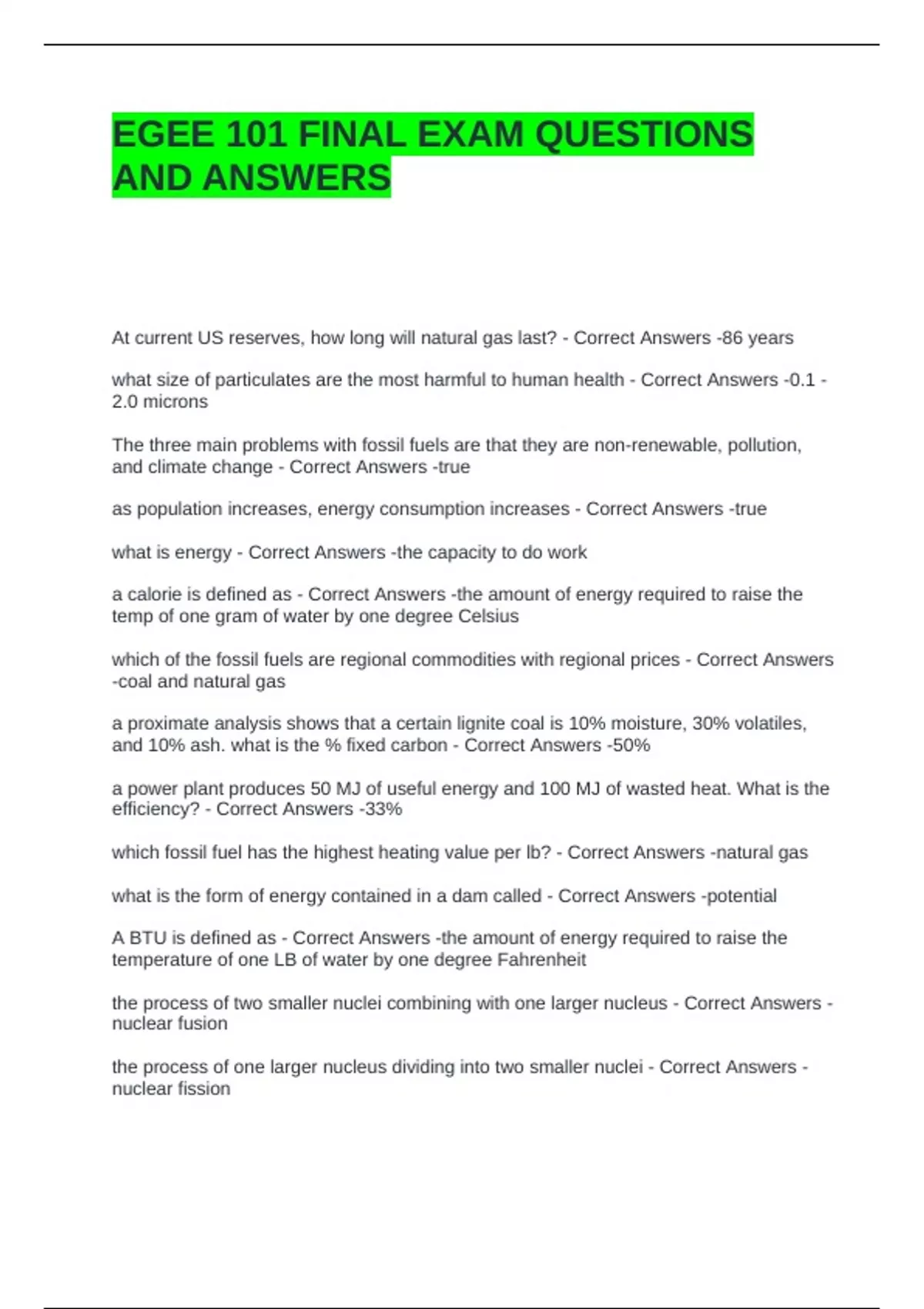 EGEE 101 FINAL EXAM QUESTIONS AND ANSWERS - EGEE - Stuvia US