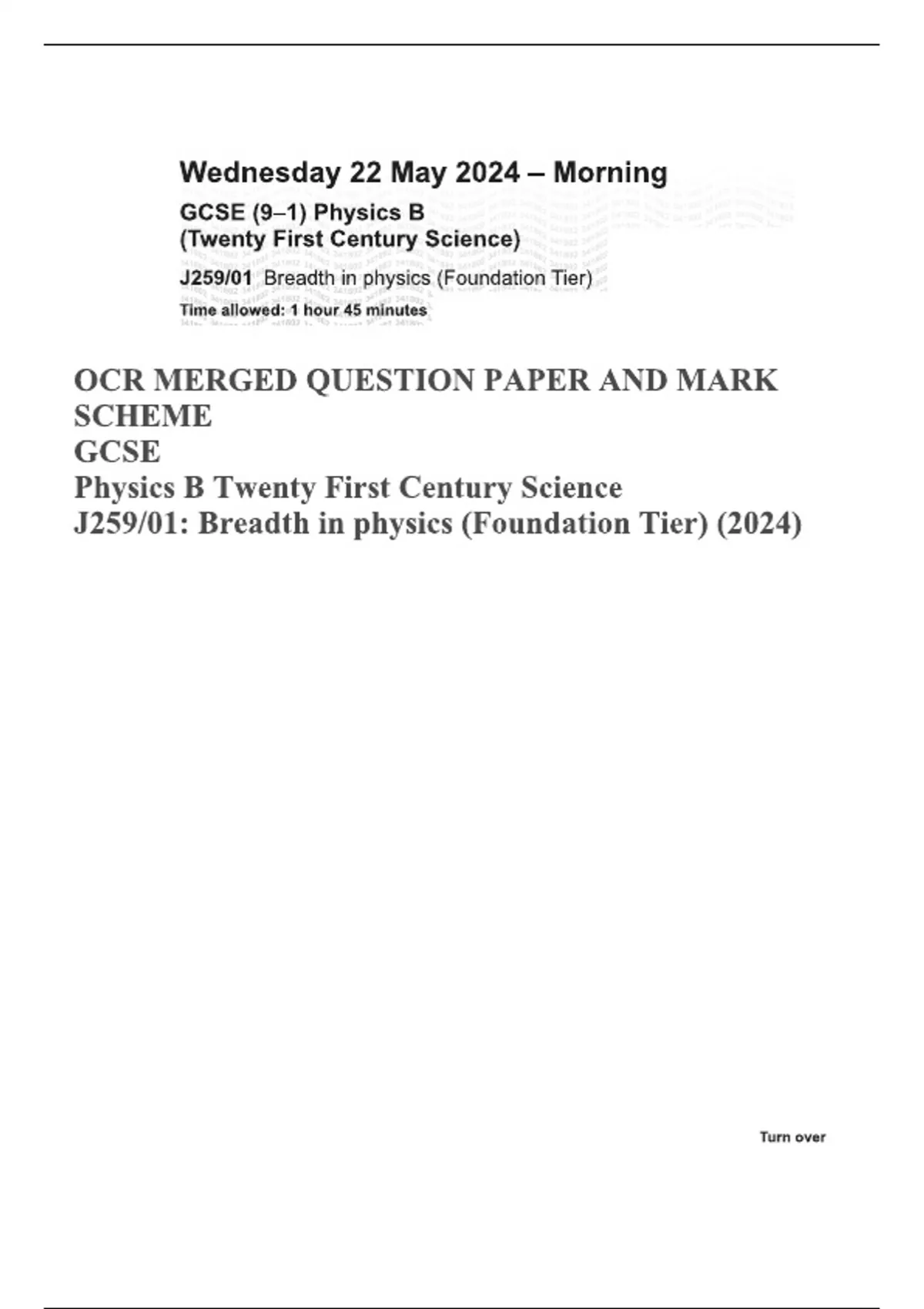 GCSE MAY 2024 OCR PHYSICS B PAPER 1 & MARK SCHEME. - PHYSICS B - Stuvia UK