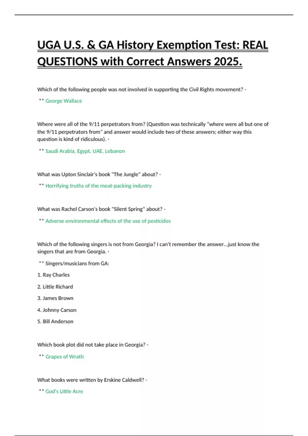 UGA U.S. & GA History Exemption Test REAL QUESTIONS with Correct ...