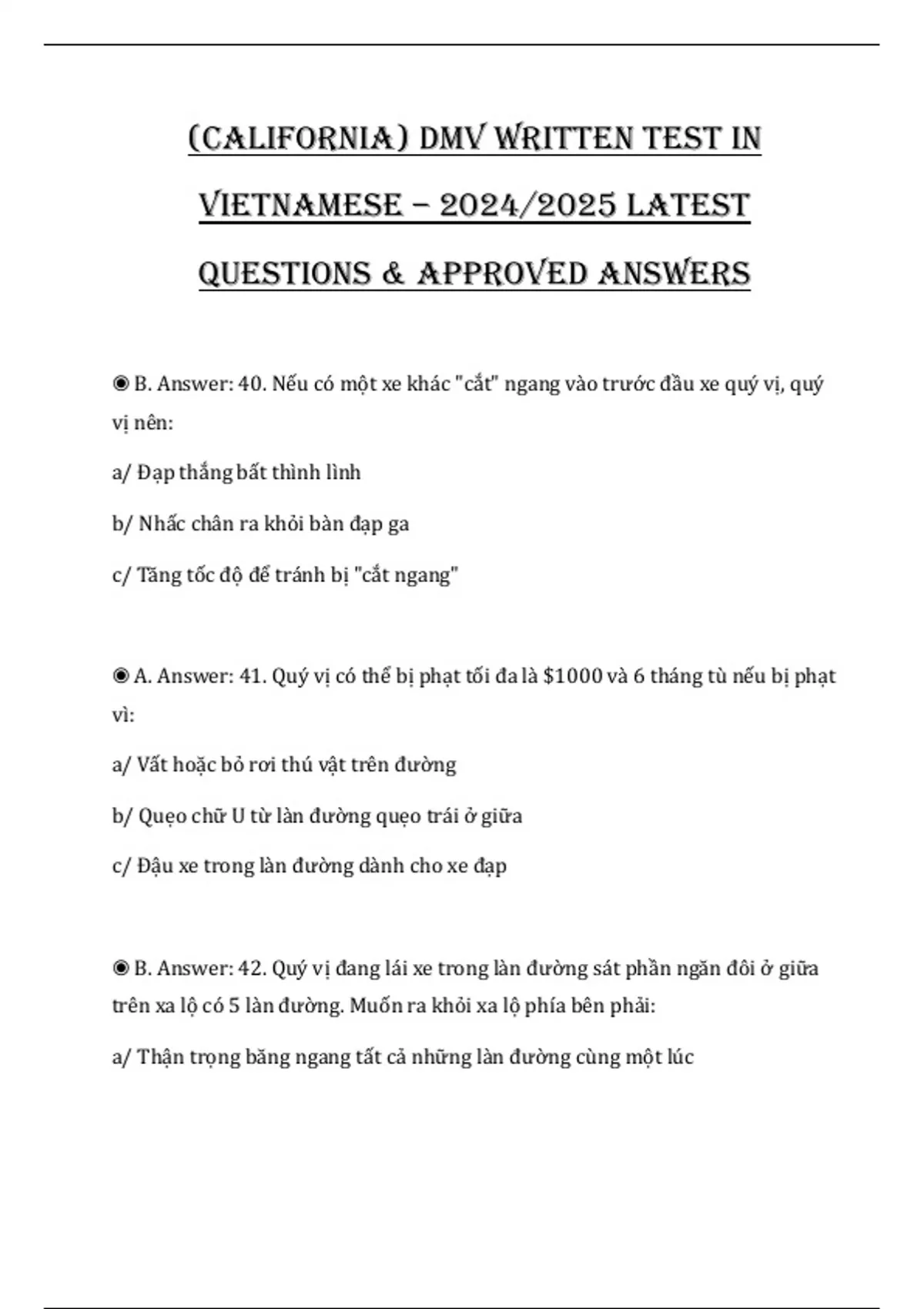 (CALIFORNIA) DMV WRITTEN TEST IN VIETNAMESE – 2024/2025 LATEST ...