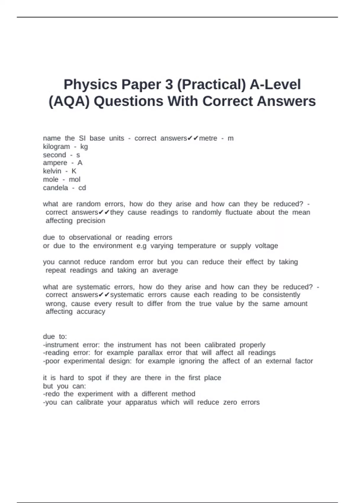 Physics Paper 3 (Practical) A-Level (AQA) Questions With Correct ...