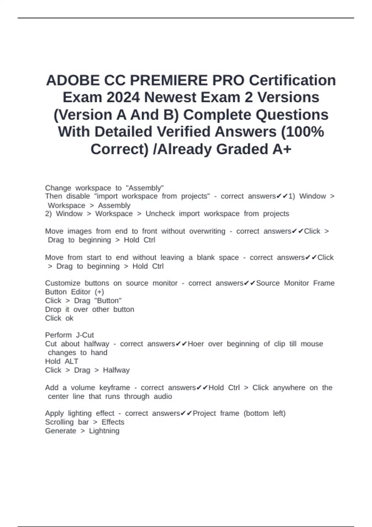 ADOBE CC PREMIERE PRO Certification Exam 2024 Newest Exam 2 Versions (Version A And B) Complete ...