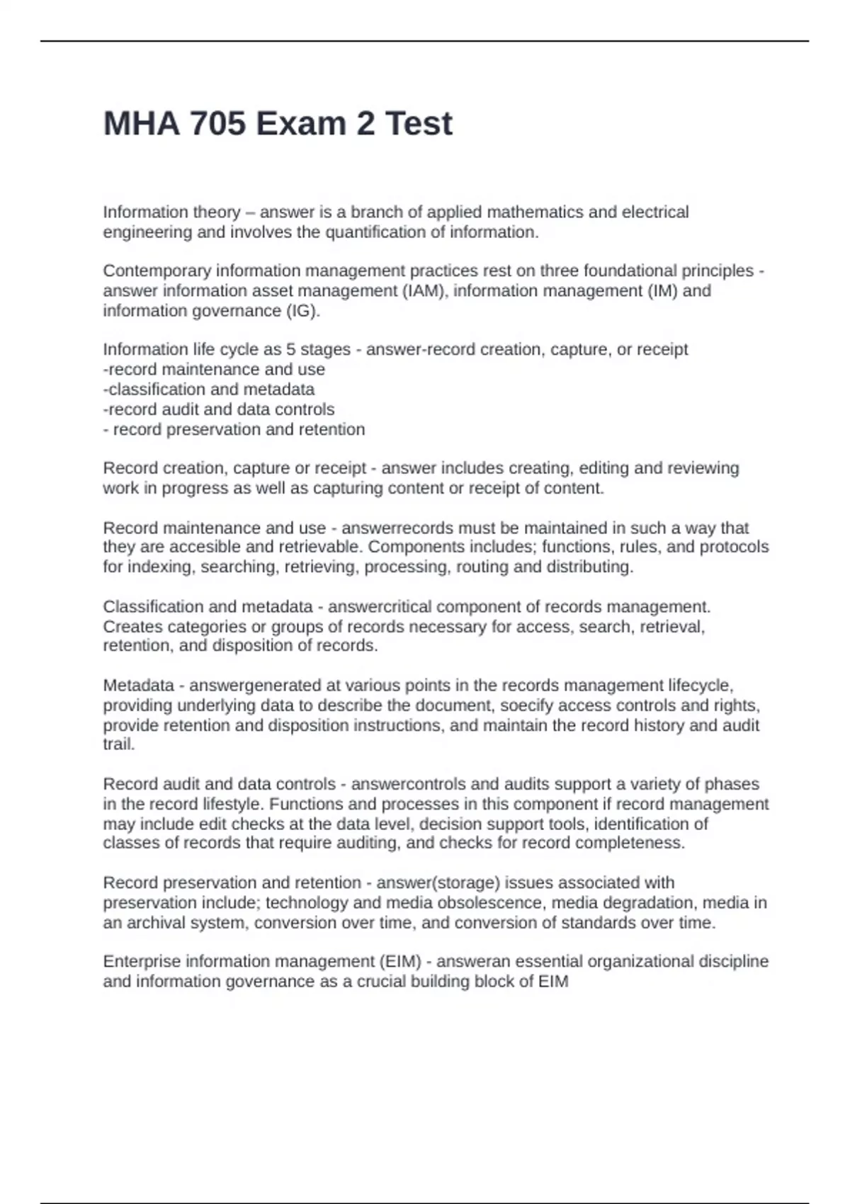 MHA 705 Exam 2 Test Questions with Solutions - MHA 705 - Stuvia US