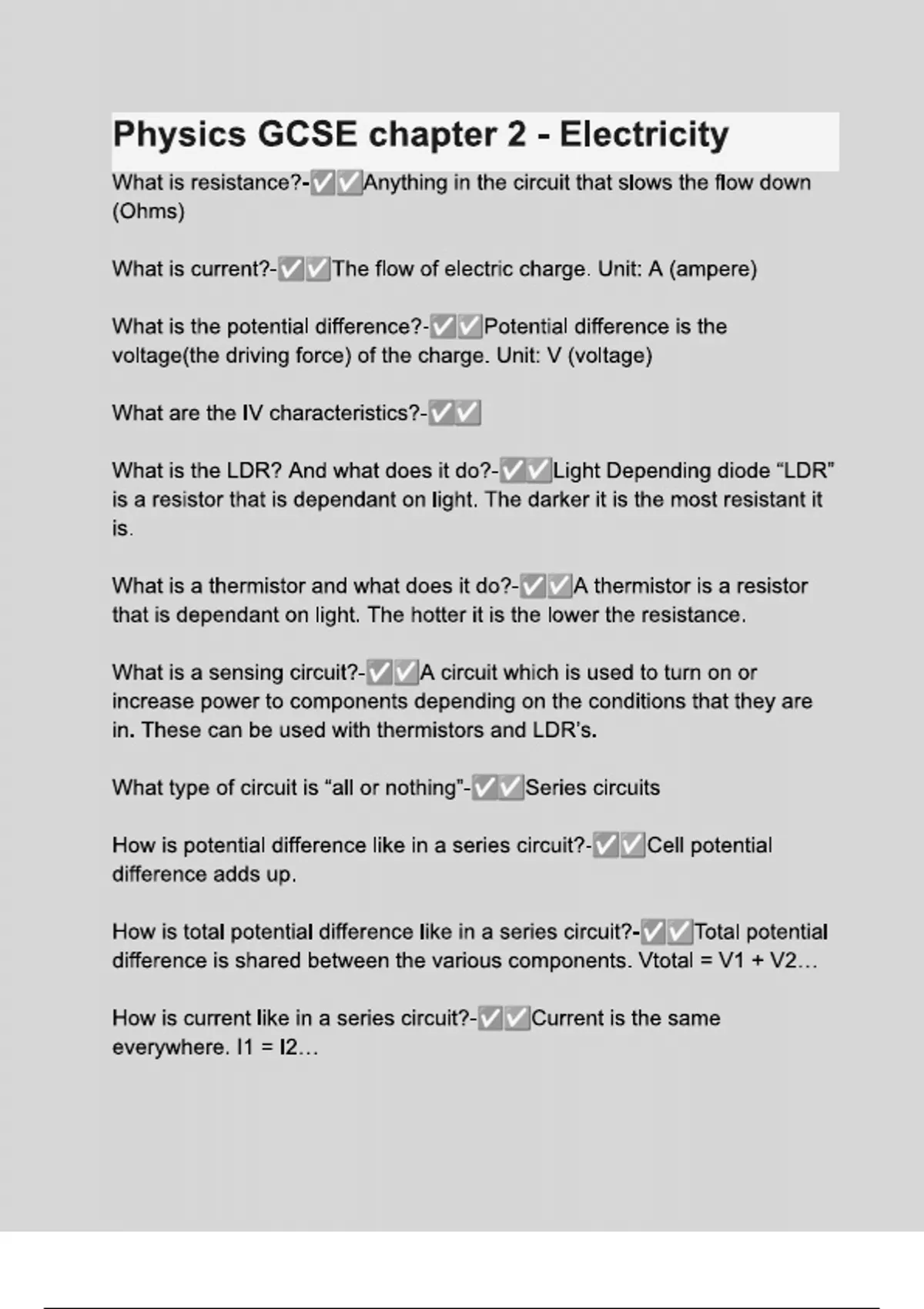 Physics GCSE chapter 2 - Electricity Questions with complete answers ...