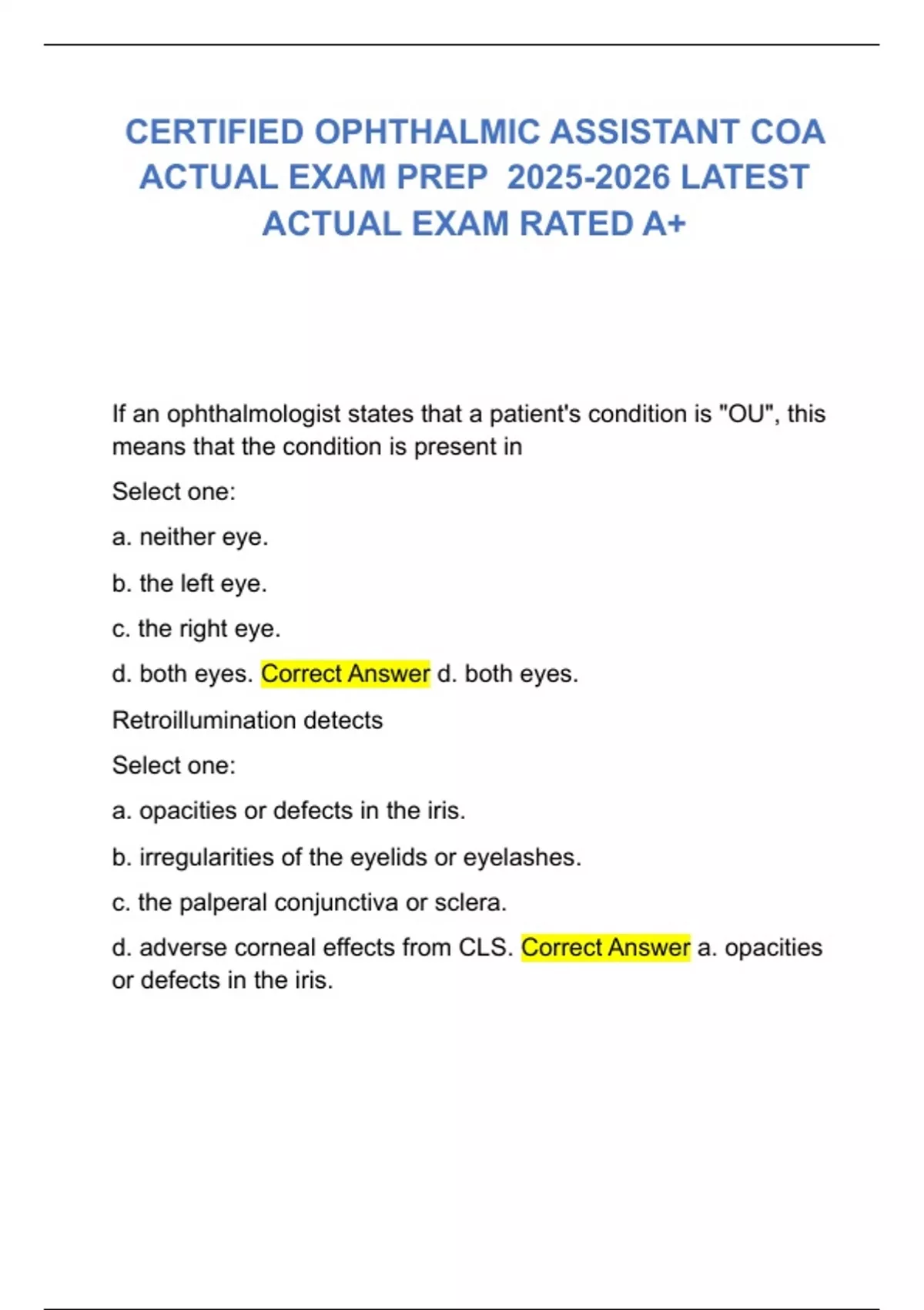 CERTIFIED OPHTHALMIC ASSISTANT COA ACTUAL EXAM PREP LATEST ACTUAL EXAM ...